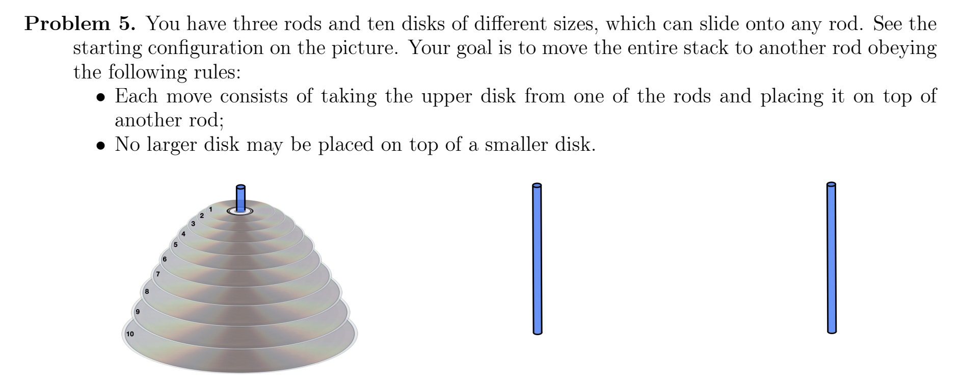 Solved Problem 5. You have three rods and ten disks of | Chegg.com