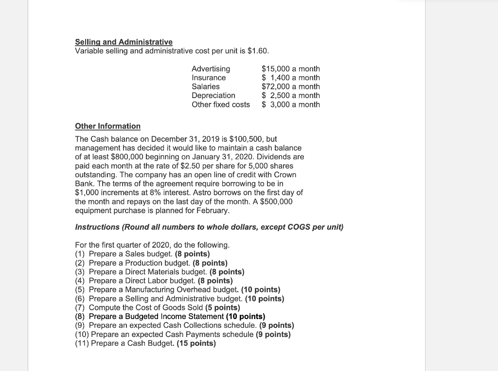Solved Budget Excel Project - Astro Co. Astro Corporation is | Chegg.com