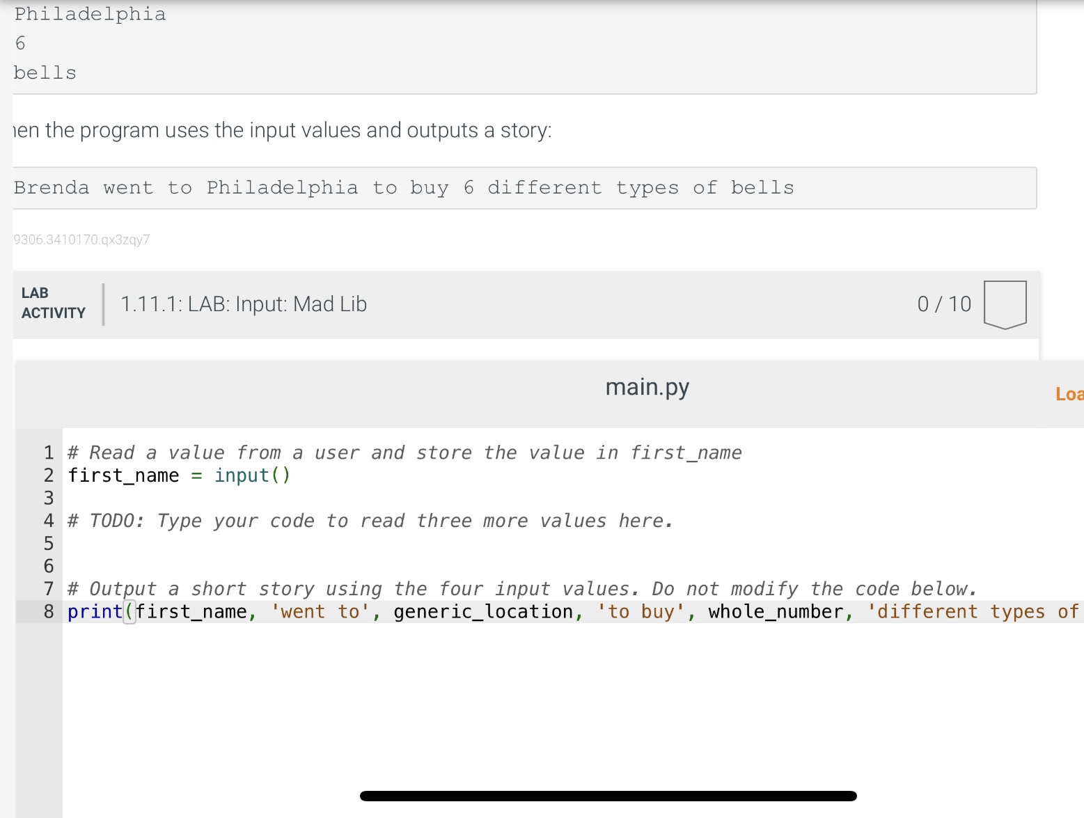 Solved 1.11 LAB: Input: Mad LibWhat is the code for this. | Chegg.com Solved 1.11 LAB: Input: Mad LibWhat is the code for this. | Chegg.com