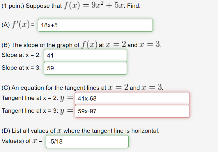 Solved (1 ﻿point) ﻿Suppose that f(x)=9x2+5x. | Chegg.com