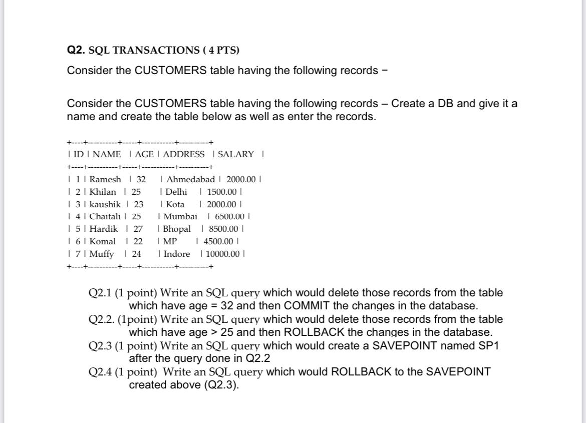 Solved Q2. SQL TRANSACTIONS ( 4 PTS) Consider the CUSTOMERS | Chegg.com
