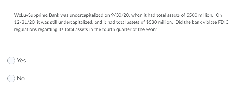 Solved WeLuvSubprime Bank was undercapitalized on 9/30/20, | Chegg.com