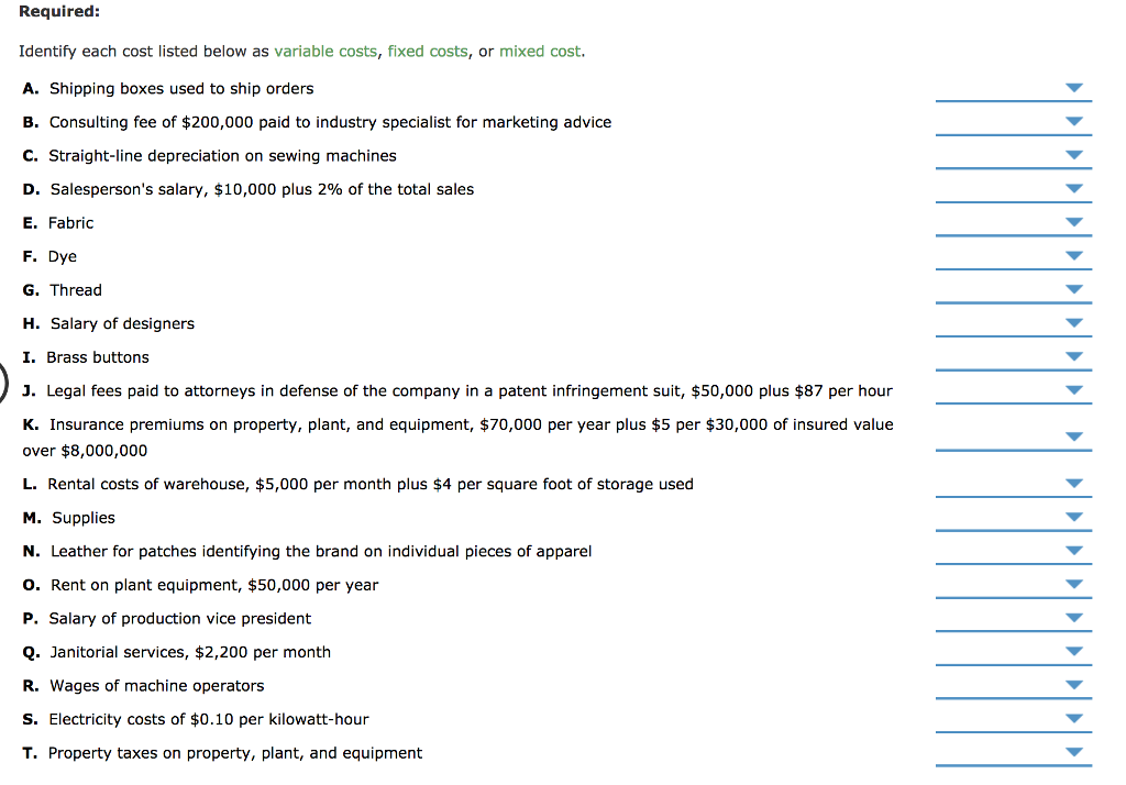Solved Required Identify each cost listed below as variable | Chegg.com