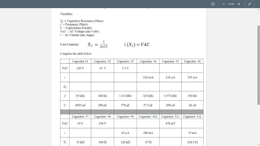 Solved Variables: XC= Capacitive Reactance (Ohms) f= | Chegg.com