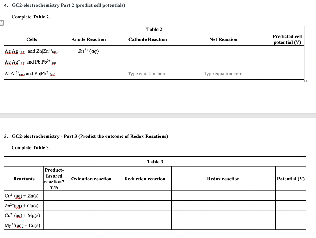 Solved 4. GC2-electrochemistry Part 2 (predict cell | Chegg.com
