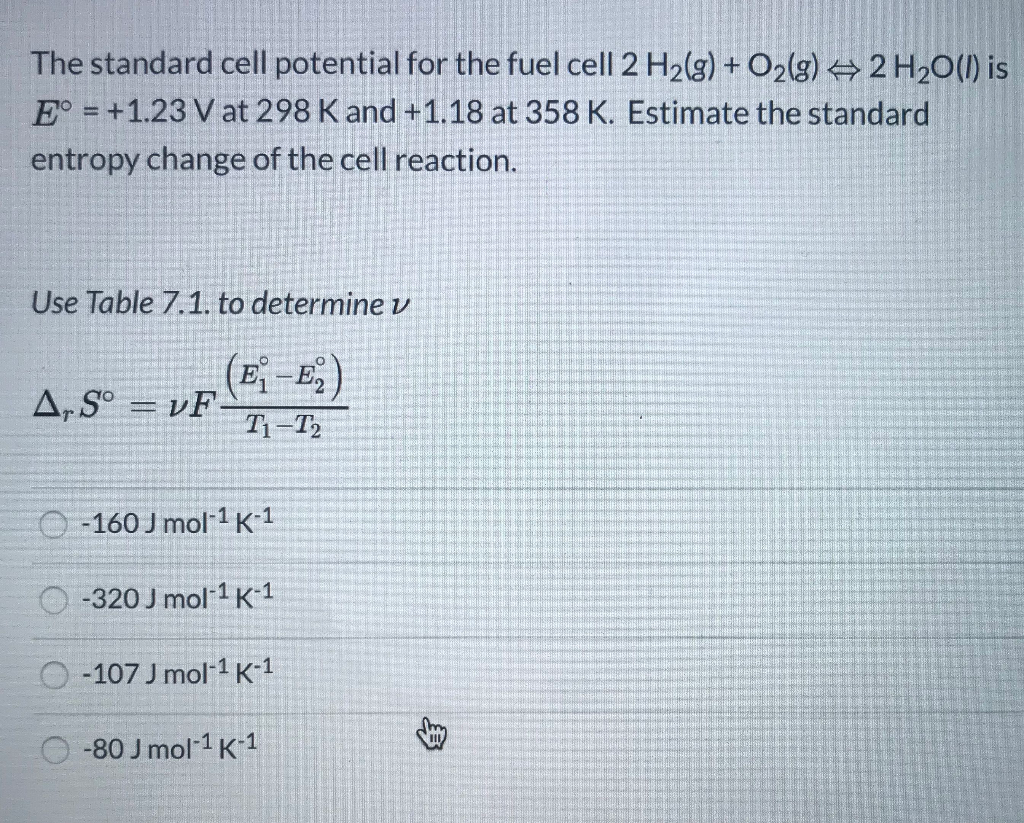 Solved The standard cell potential for the fuel cell 2 H2(g) | Chegg.com