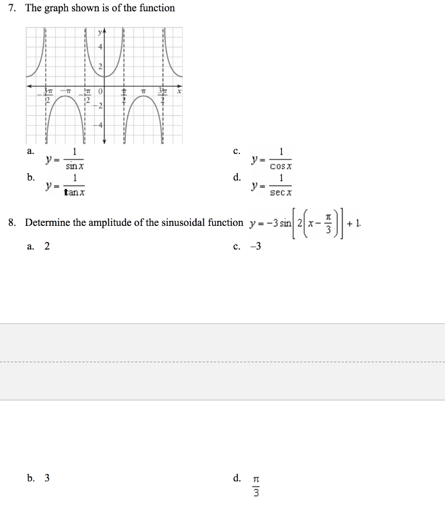 Solved 7. The graph shown is of the function a. y=sinx1 c. | Chegg.com