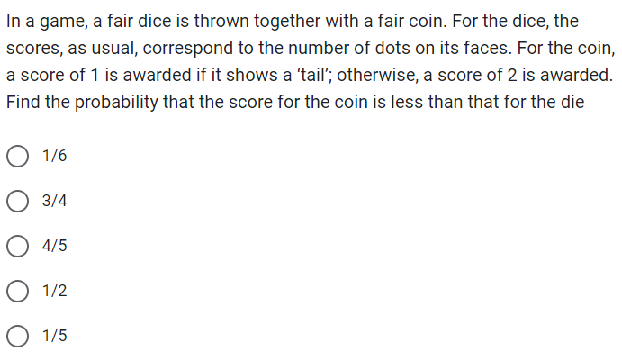 Solved In a game, a fair dice is thrown together with a fair | Chegg.com