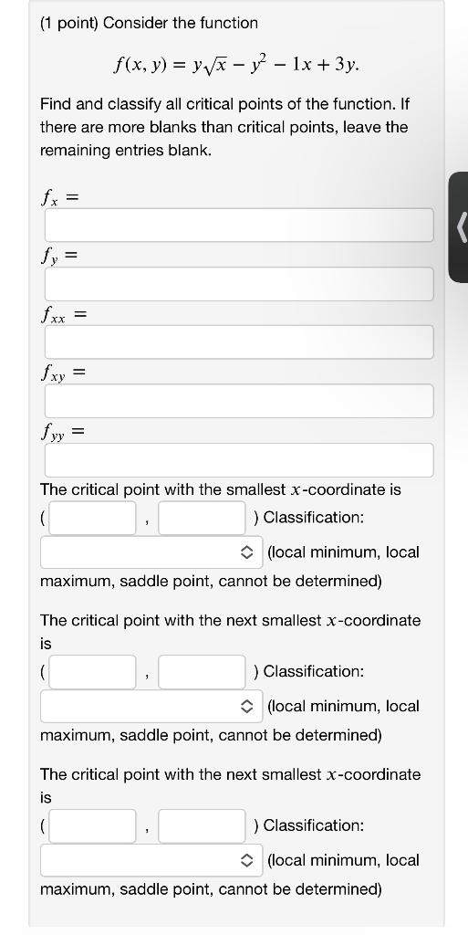 Solved ( 1 point) Consider the function f(x,y)=yx−y2−1x+3y. | Chegg.com