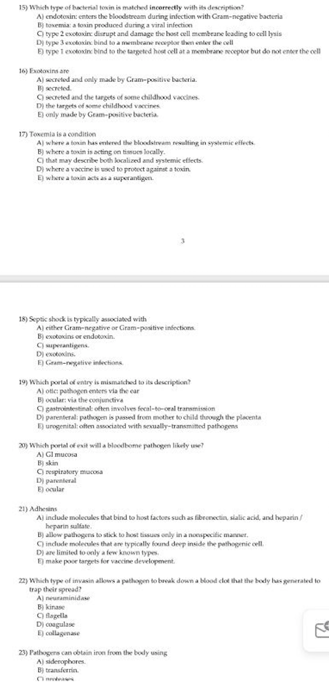 Solved 15) Which type of bacterial toxin is matched | Chegg.com