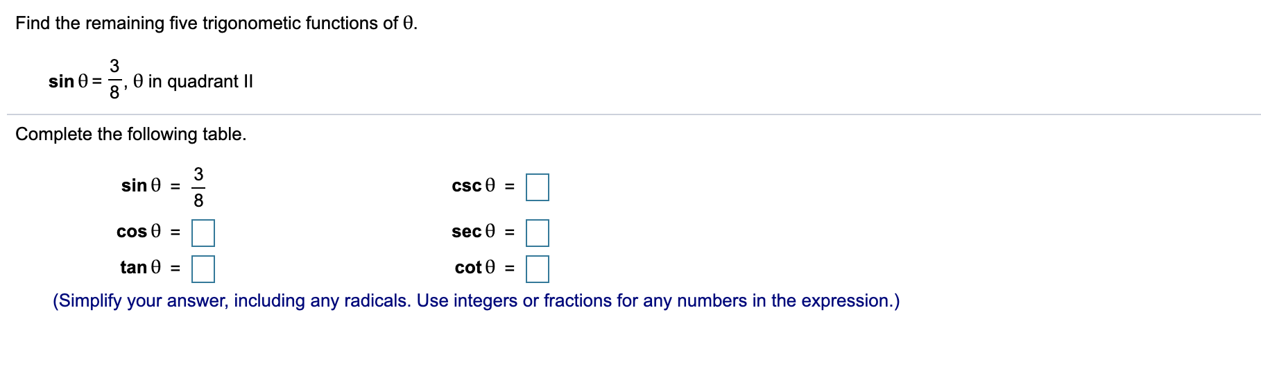 Solved Find the remaining five trigonometic functions of O. | Chegg.com