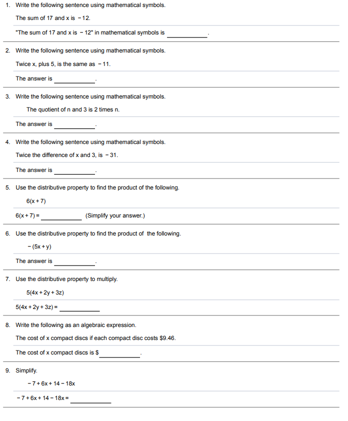 Solved 1. Write the following sentence using mathematical | Chegg.com