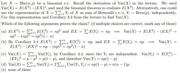 Solved Let X Bin(n.p) be a binomial r.v. Recall the | Chegg.com