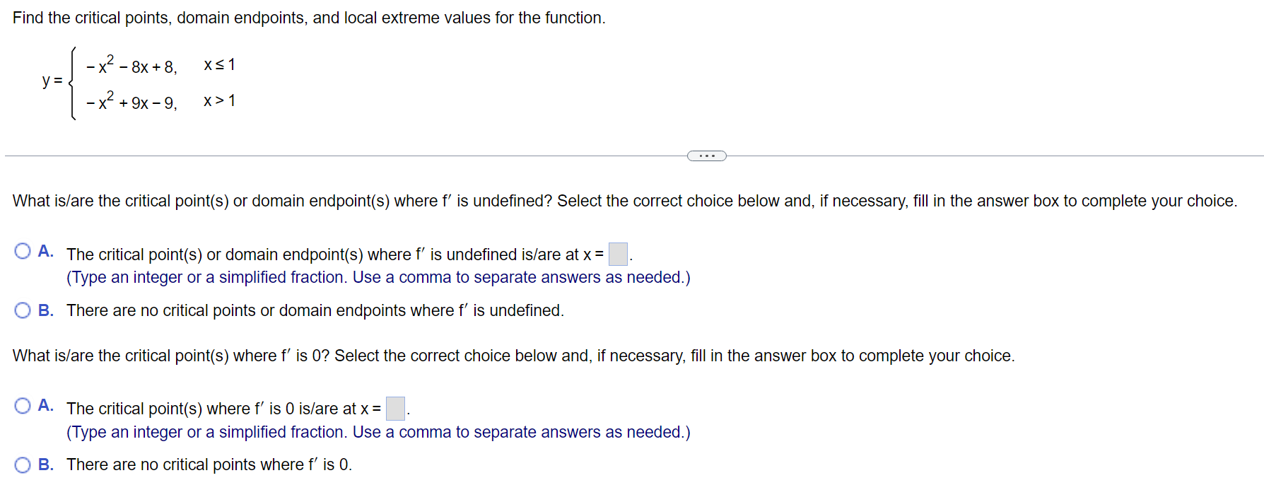 Solved Find the critical points, domain endpoints, and local | Chegg.com