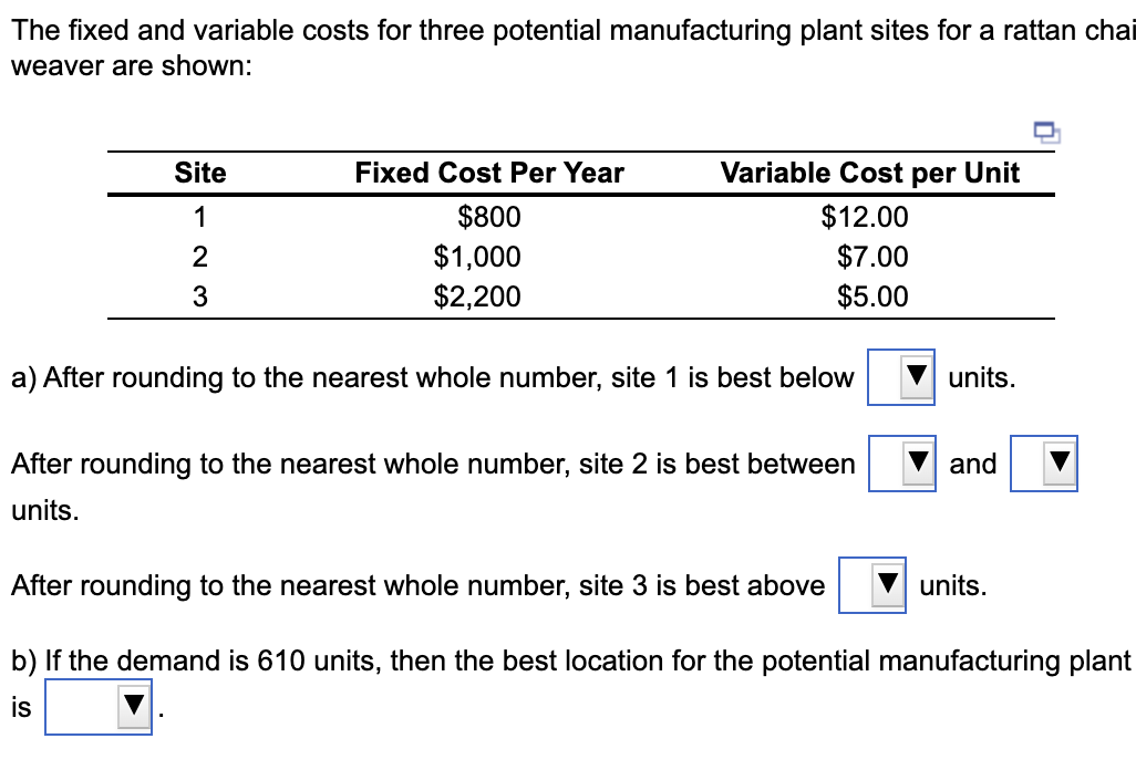 Solved The fixed and variable costs for three potential | Chegg.com