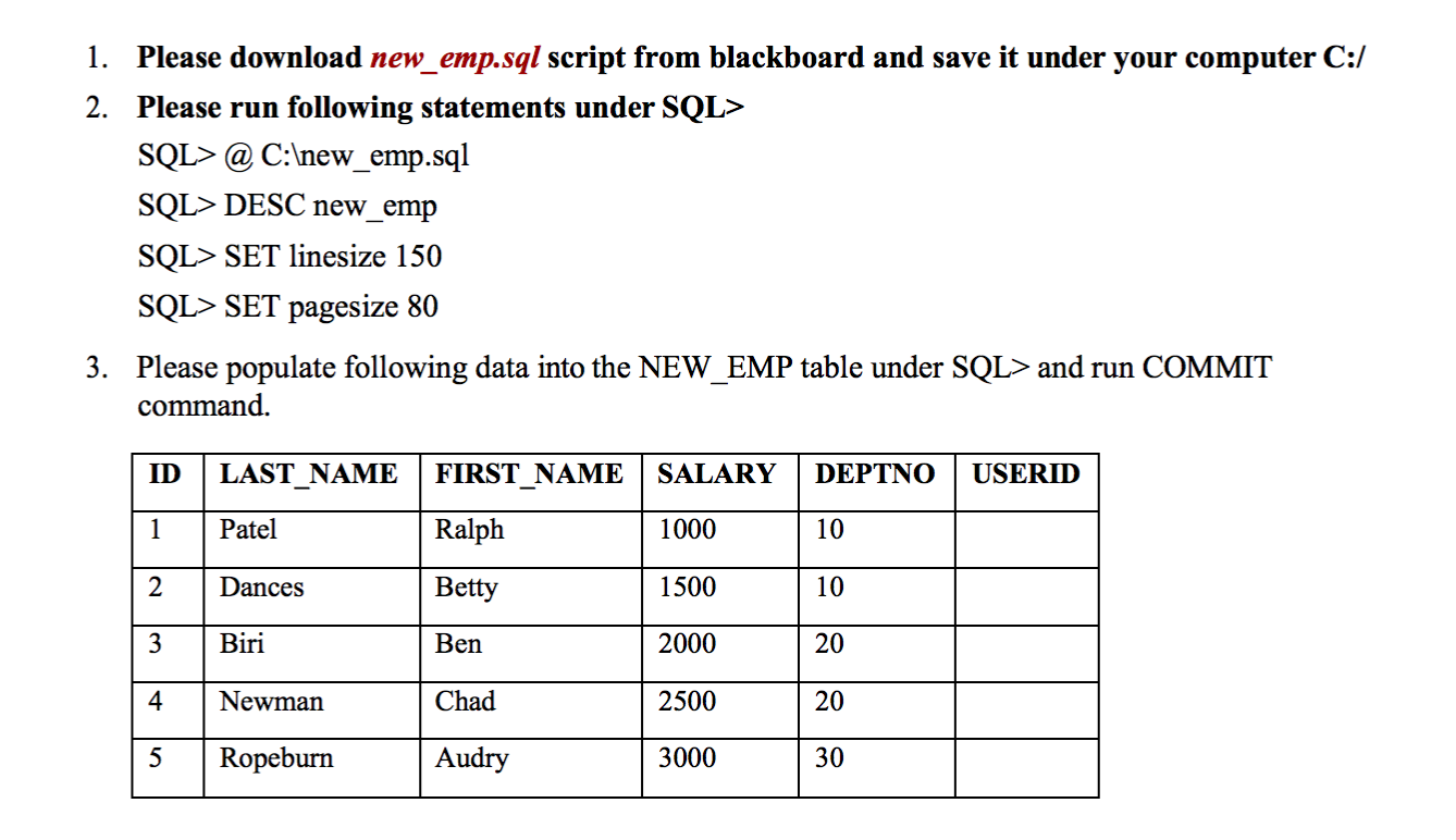 1. Please download new_emp.sql script from blackboard | Chegg.com