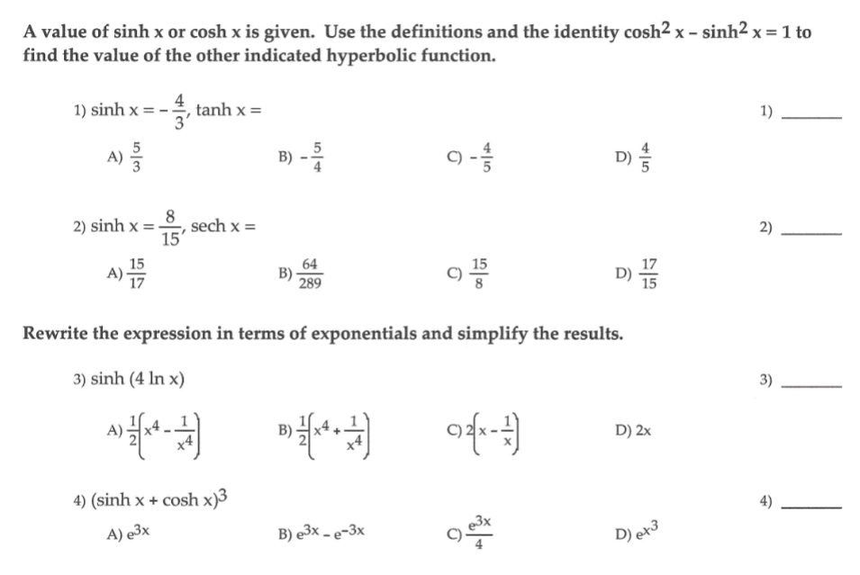 Solved A value of sinhx or coshx is given. Use the | Chegg.com
