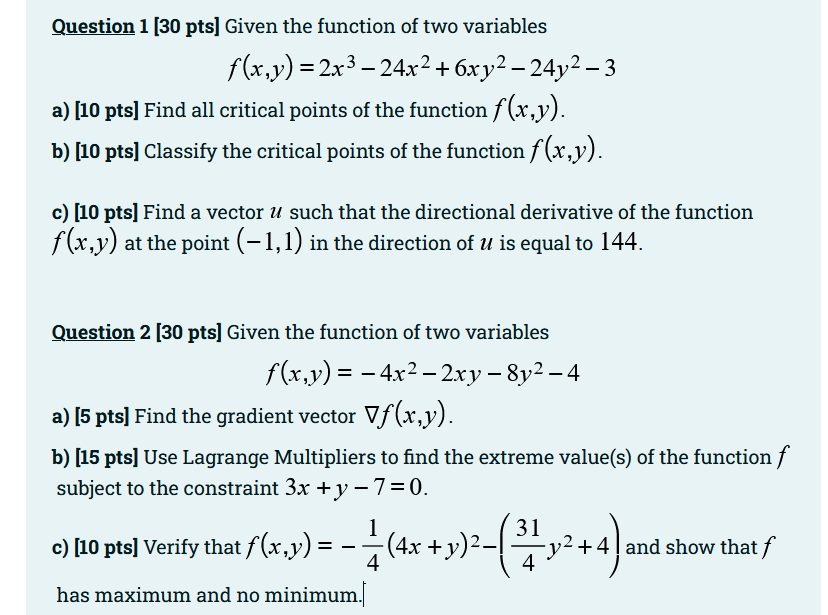 Solved Question 1 (30 pts] Given the function of two | Chegg.com