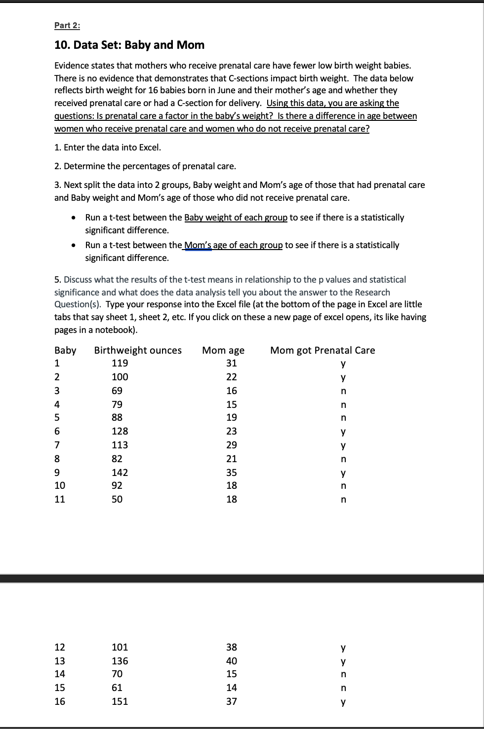 Solved Part 2: 10. Data Set: Baby and Mom Evidence states | Chegg.com