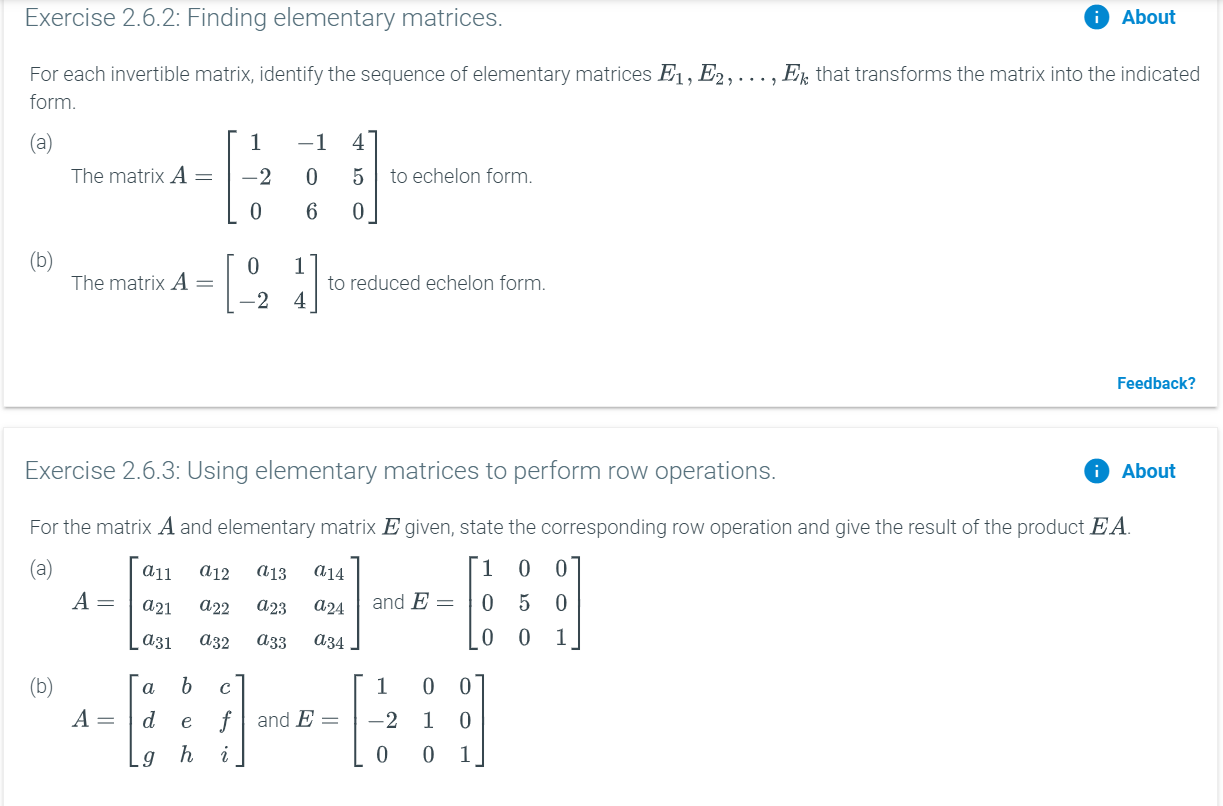 Solved Exercise 2.6.2: Finding elementary matrices. About | Chegg.com