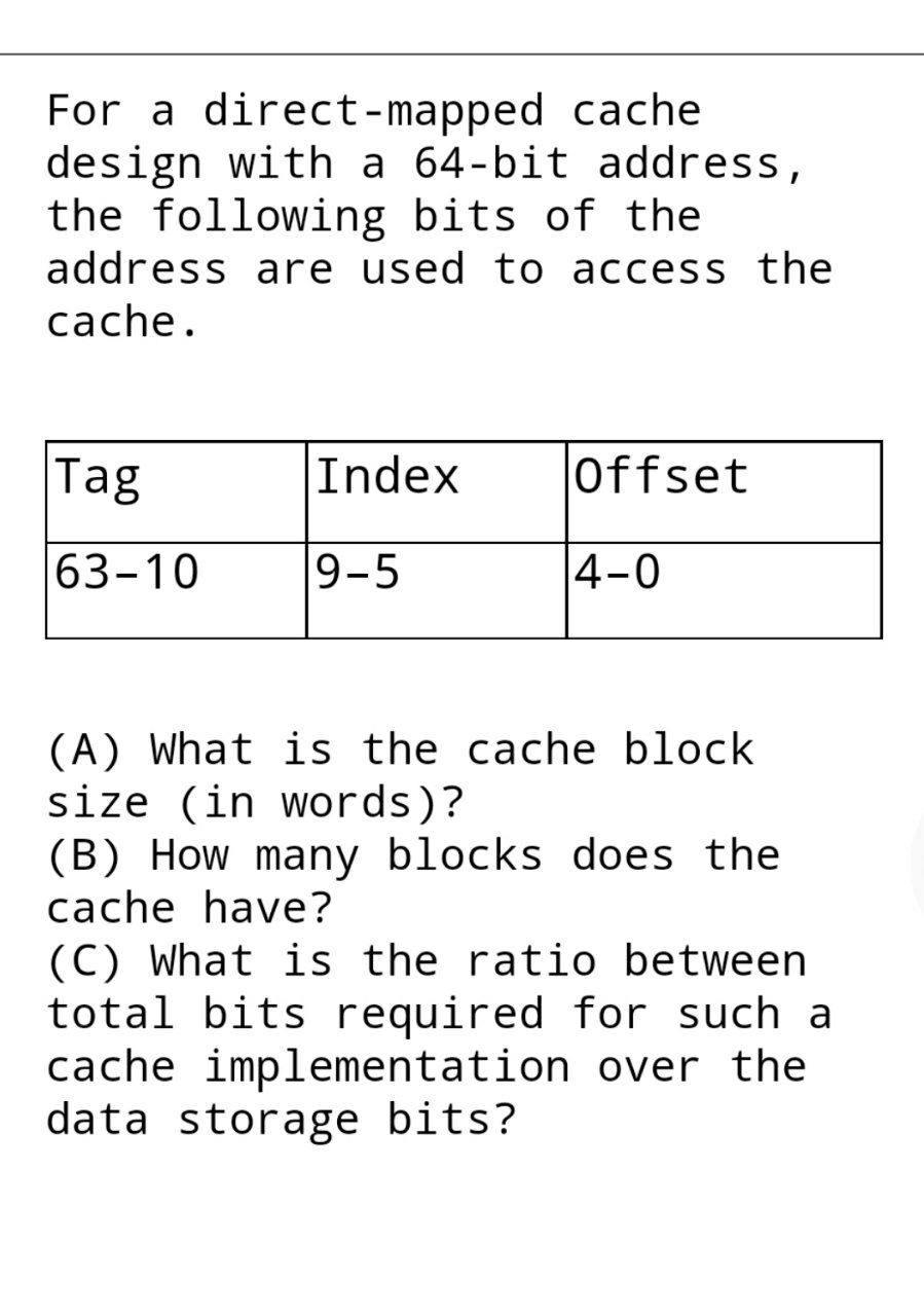 Solved For a direct-mapped cache design with a 64-bit | Chegg.com