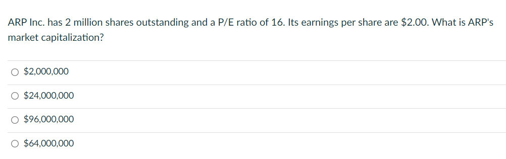Solved ARP Inc. has 2 million shares outstanding and a P/E | Chegg.com