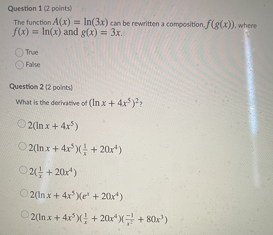Solved Question 1 (2 points) The function A(x) = ln(3x) can | Chegg.com