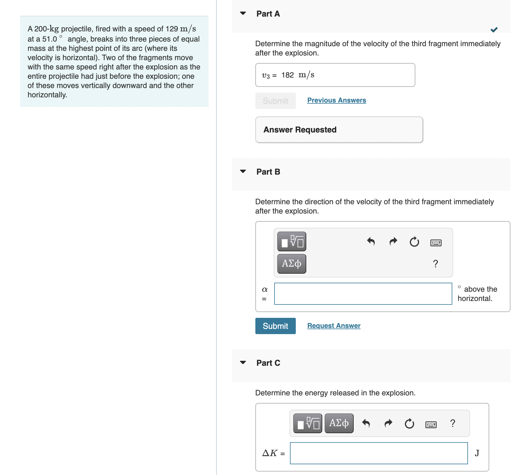 Solved Please help: A 200-kg projectile, fired with a speed | Chegg.com