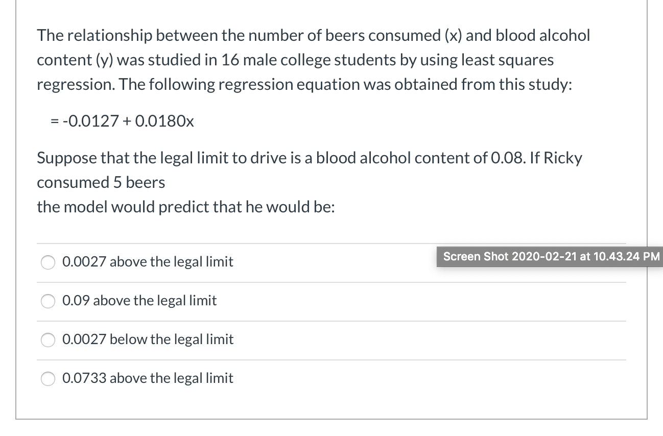 Solved The relationship between the number of beers consumed | Chegg.com