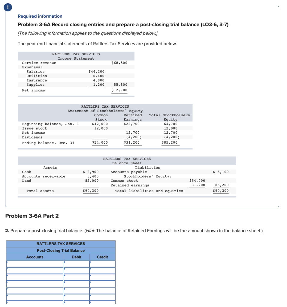 Solved Required information Problem 3-6A Record closing | Chegg.com