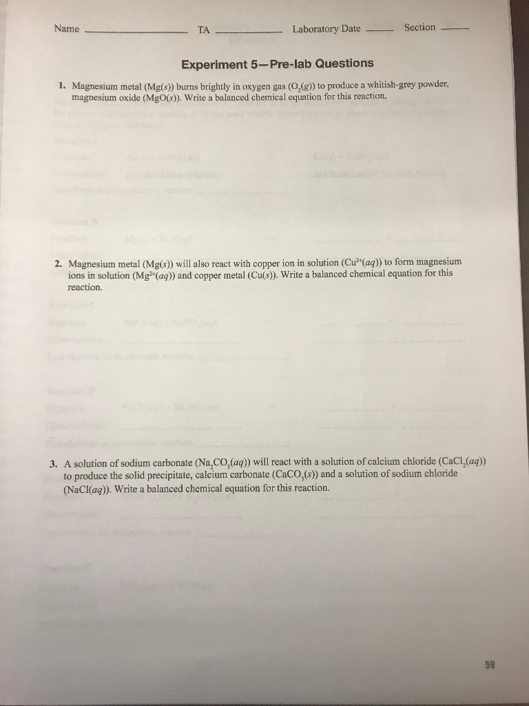 Solved Name TA _____ Laboratory Date - Section Experiment | Chegg.com