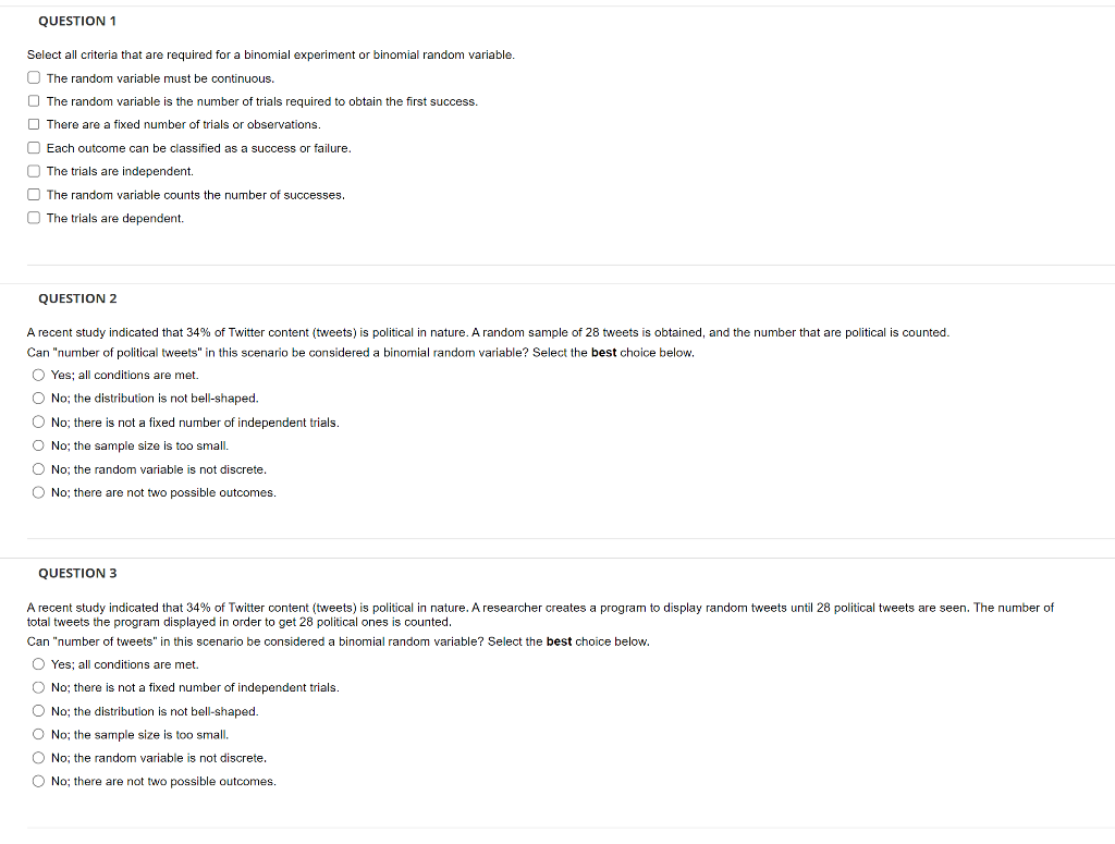 Solved Select all criteria that are required for a binomial | Chegg.com