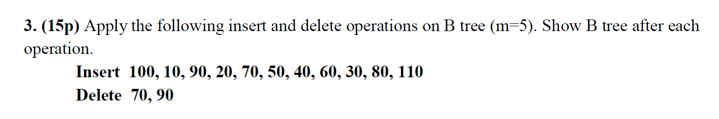 Solved 3. (15p) Apply the following insert and delete | Chegg.com