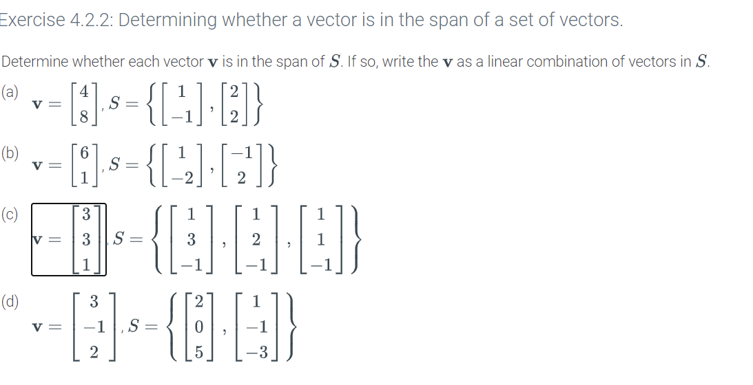 Solved Exercise 4.2.2: Determining whether a vector is in | Chegg.com