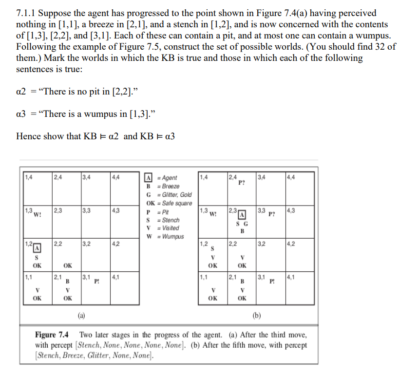 Solved 7.1.1 Suppose the agent has progressed to the point | Chegg.com