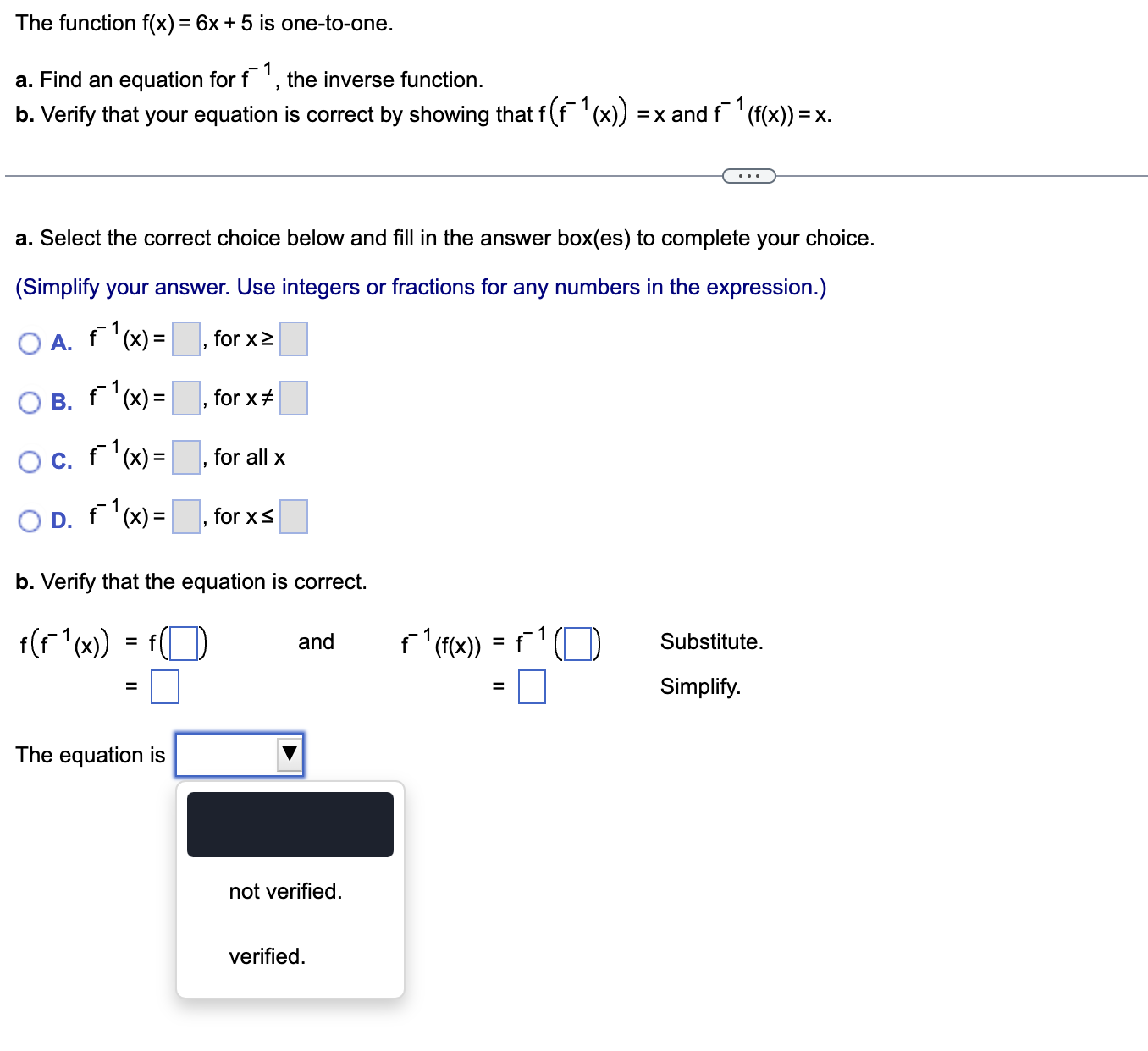 Solved The function f(x)=6x+5 is one-to-one. a. Find an | Chegg.com