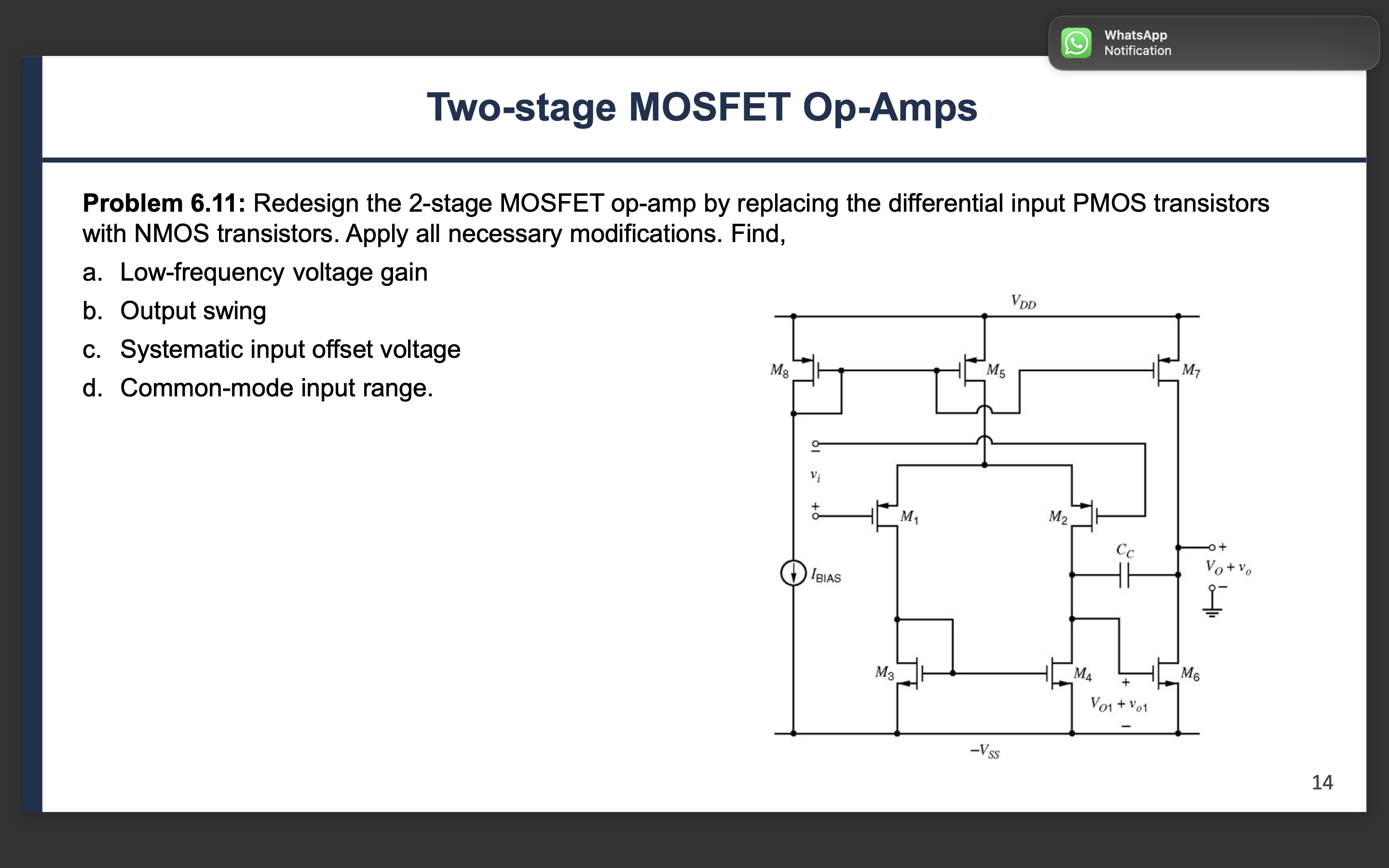 Solved Two-stage MOSFET Op-AmpsProblem 6.11: Redesign the | Chegg.com