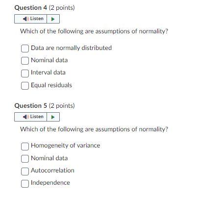Solved Which of the following are assumptions of normality? | Chegg.com
