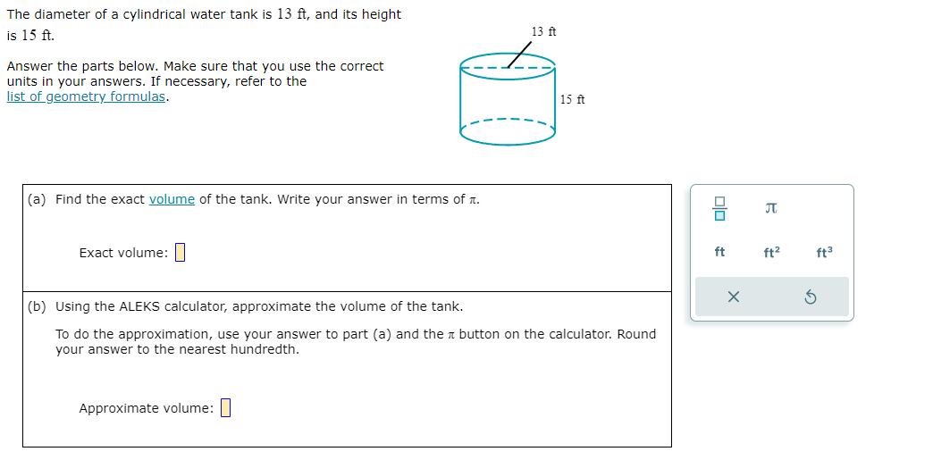 Solved The diameter of a cylindrical water tank is 13ft, | Chegg.com