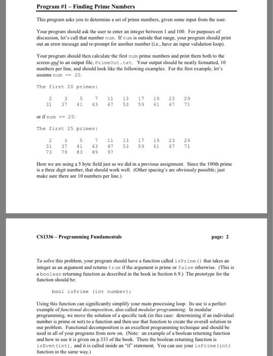 Solved Program #1-Finding Prime Numbers This program asks | Chegg.com