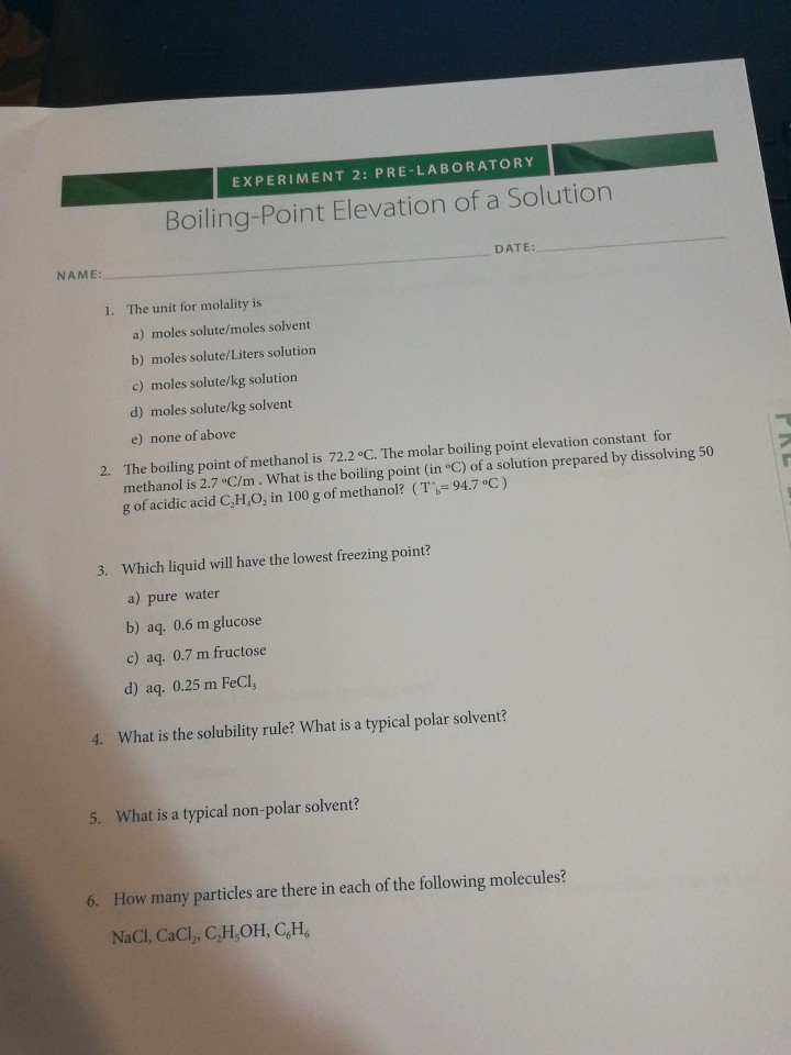 Solved EXPERIMENT 2: PRE-LABORATORY Boiling-Point Elevation | Chegg.com