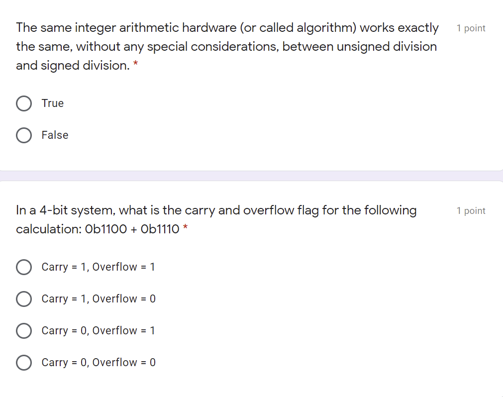 Solved 1 point In a 4-bit system, what is the carry and | Chegg.com