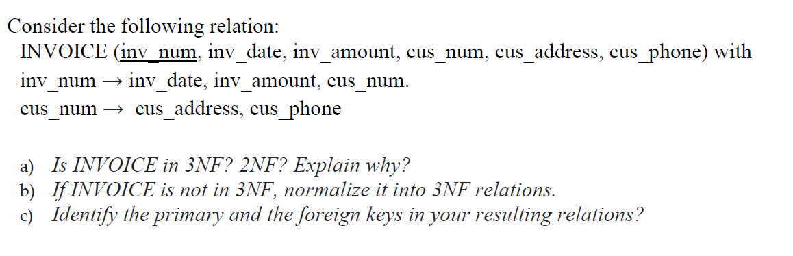 Solved Consider the following relation: INVOICE (inv_num, | Chegg.com