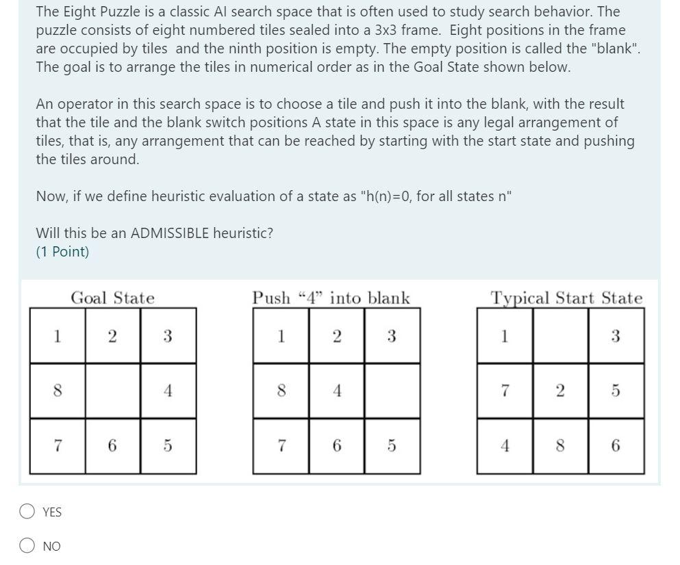 Solved The Eight Puzzle is a classic Al search space that is | Chegg.com
