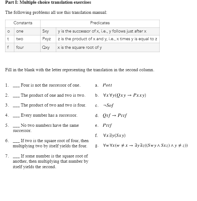 Solved Part I: Multiple choice translation exercises The | Chegg.com