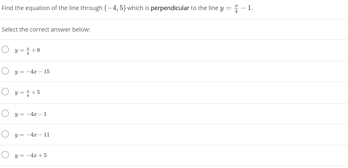 Solved Find the equation of the line through (-4,5) which is | Chegg.com