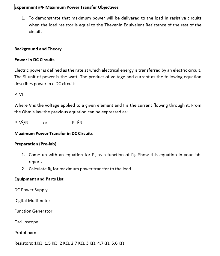 Solved Experiment \#4- Maximum Power Transfer Objectives 1. | Chegg.com