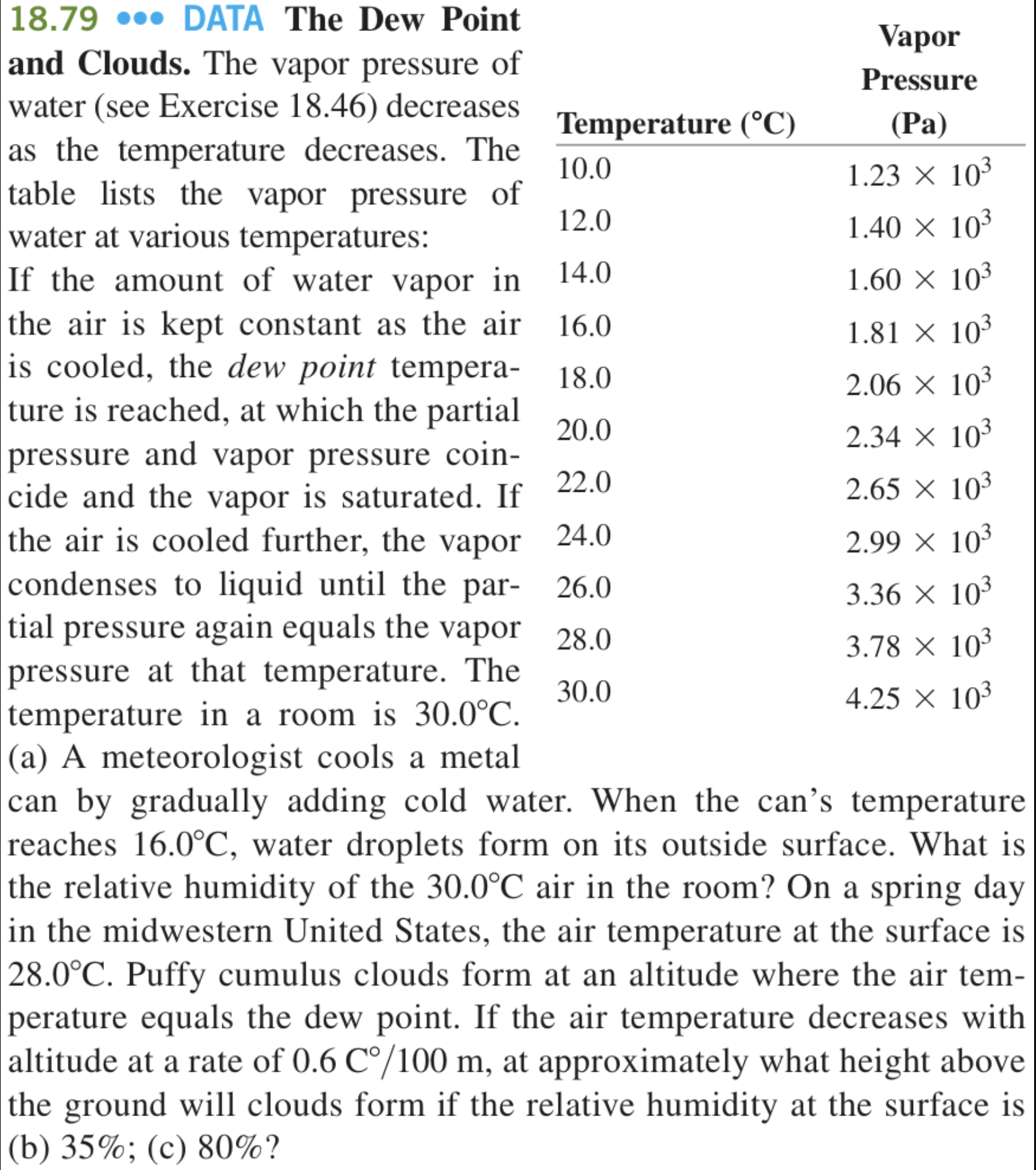 Solved 18.79 •• ﻿DATA The Dew Point and Clouds. The vapor | Chegg.com