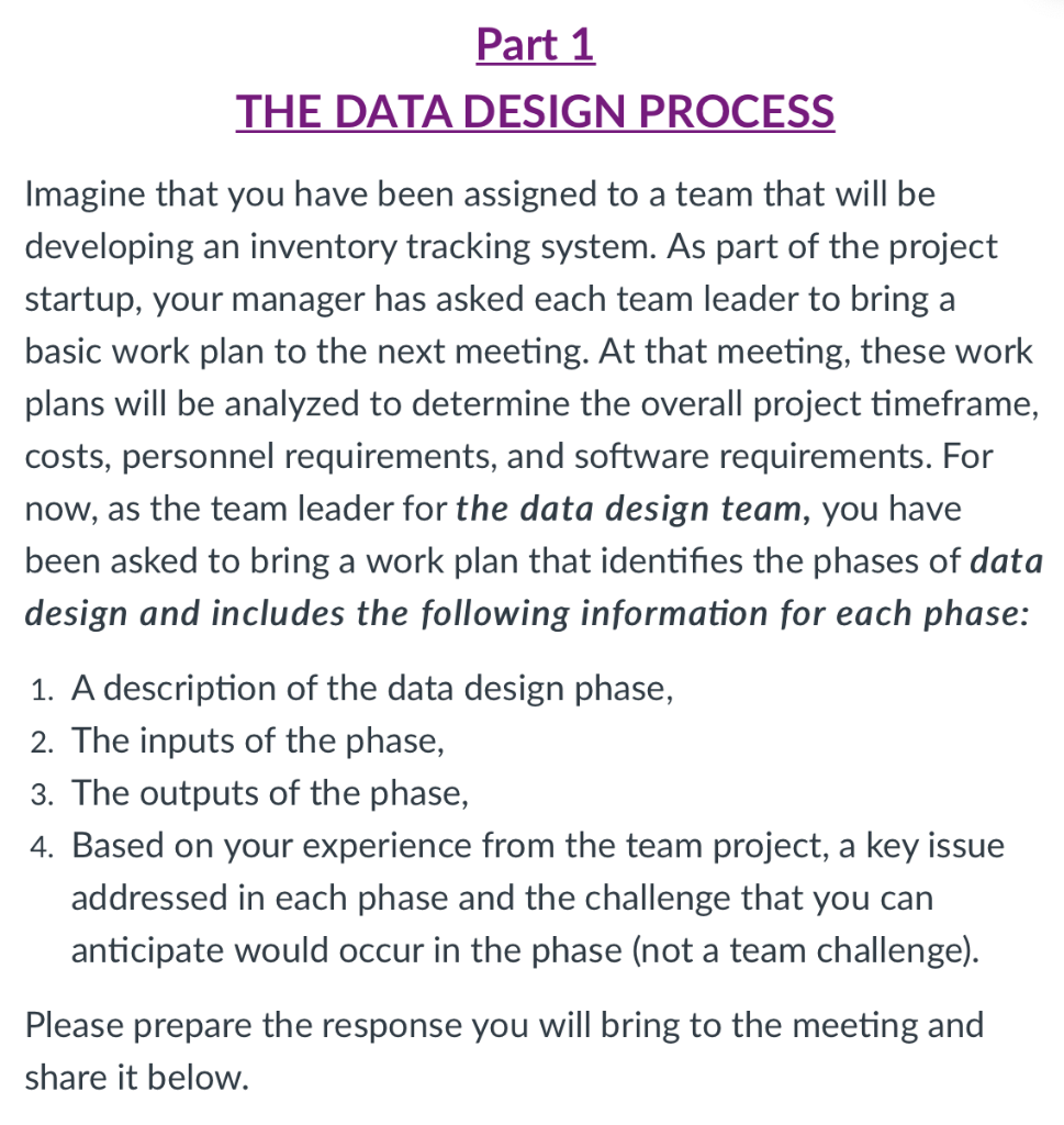 Part 1 THE DATA DESIGN PROCESS Imagine that you have | Chegg.com