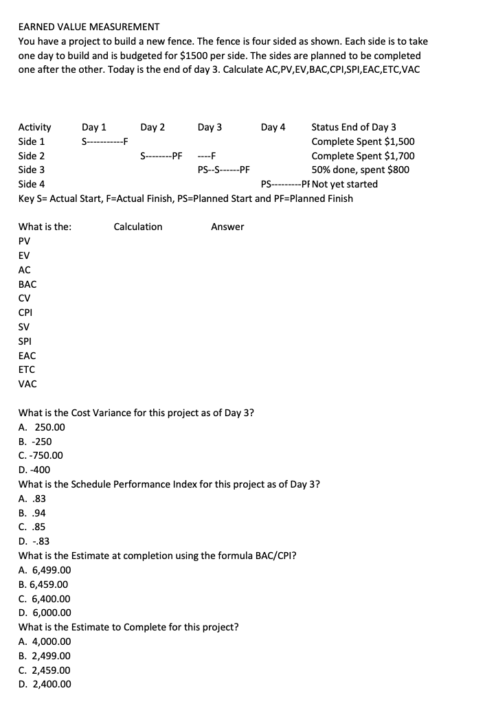 Solved EARNED VALUE MEASUREMENT You have a project to build | Chegg.com